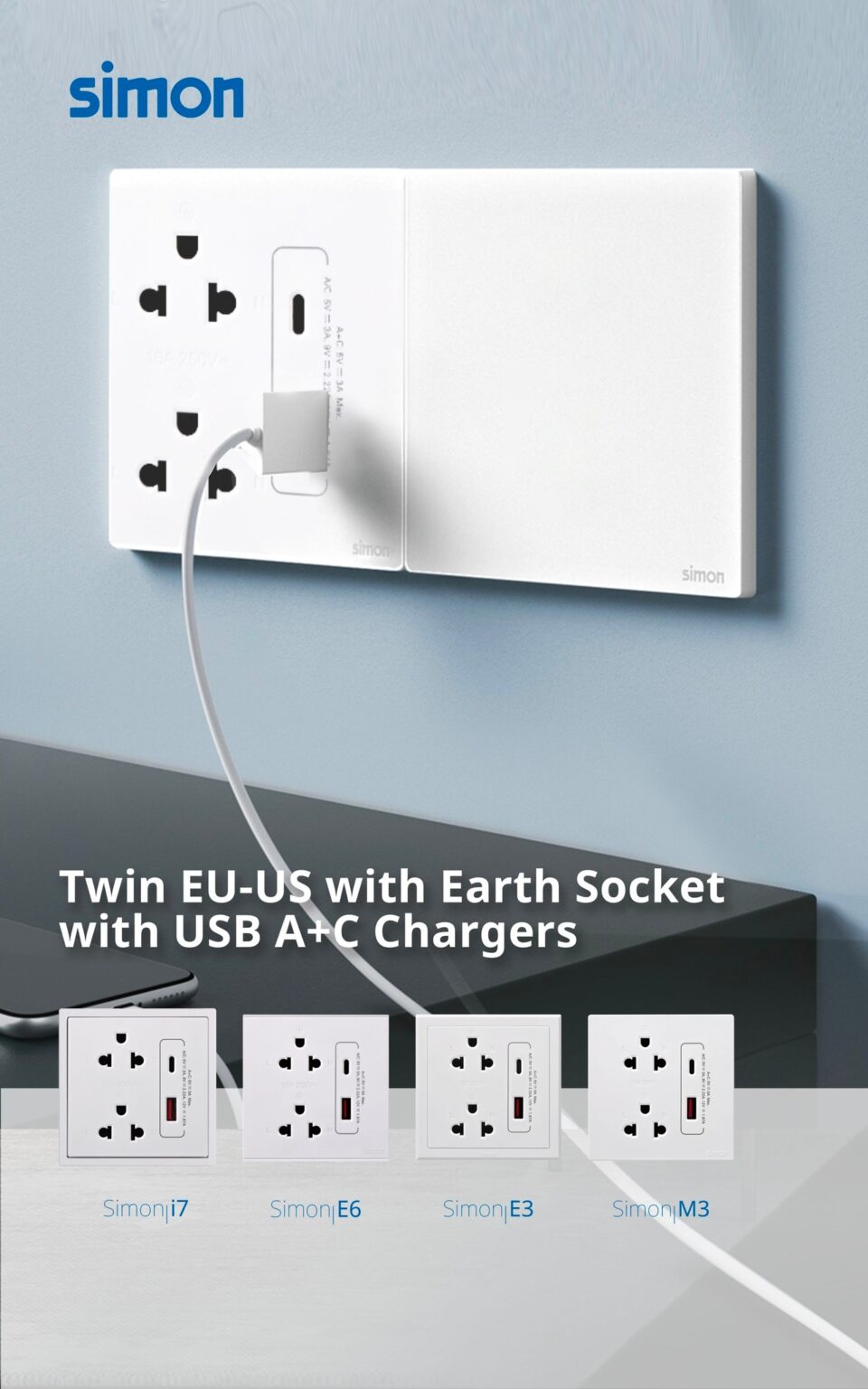 Simon socket with USB A+C Chargers